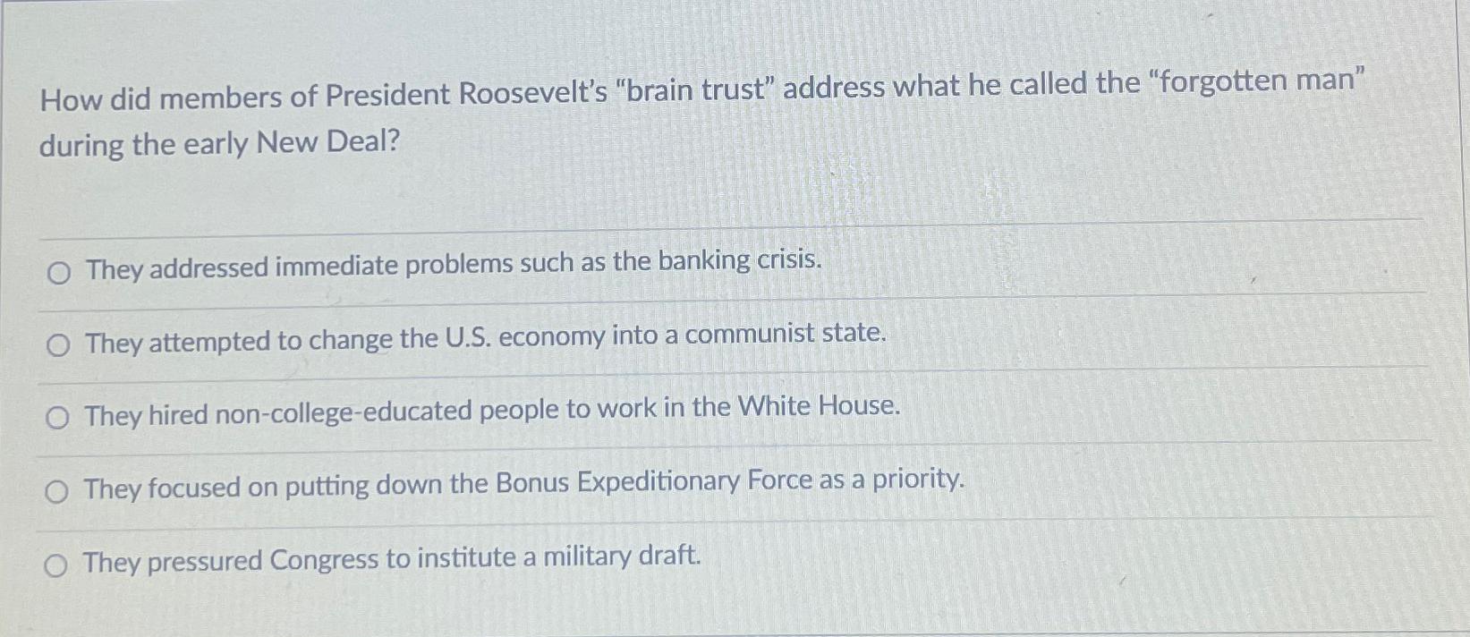 Solved How did members of President Roosevelt's "brain | Chegg.com