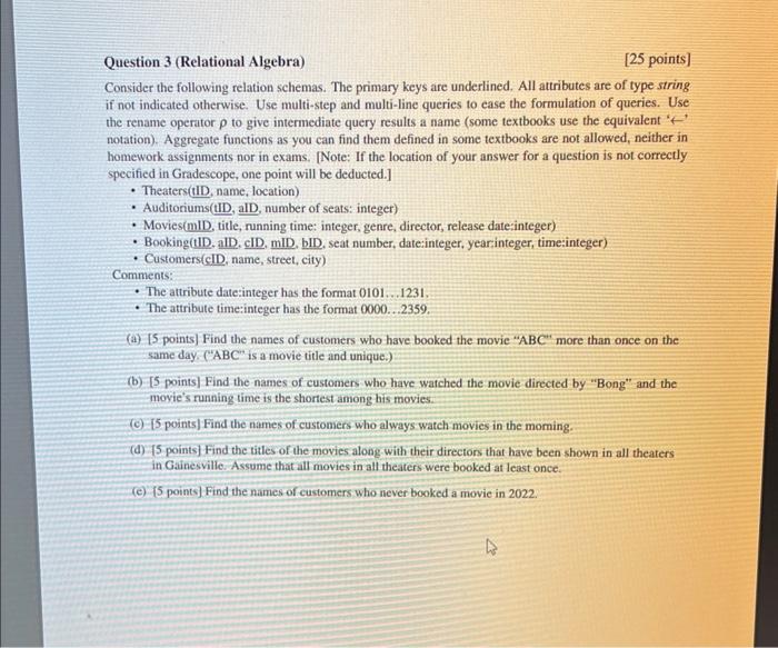 Solved Question 3 (Relational Algebra) [25 points] Consider | Chegg.com