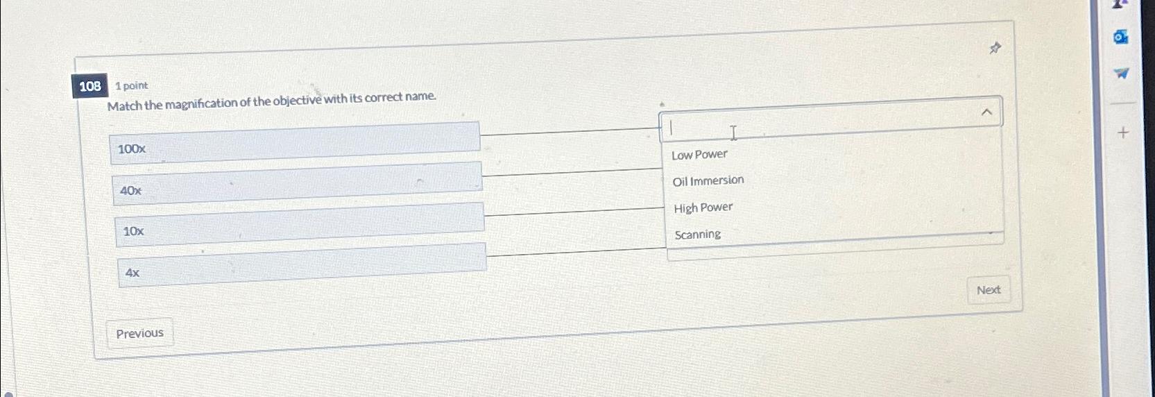 Solved 1 ﻿pointMatch the magnification of the objective with | Chegg.com
