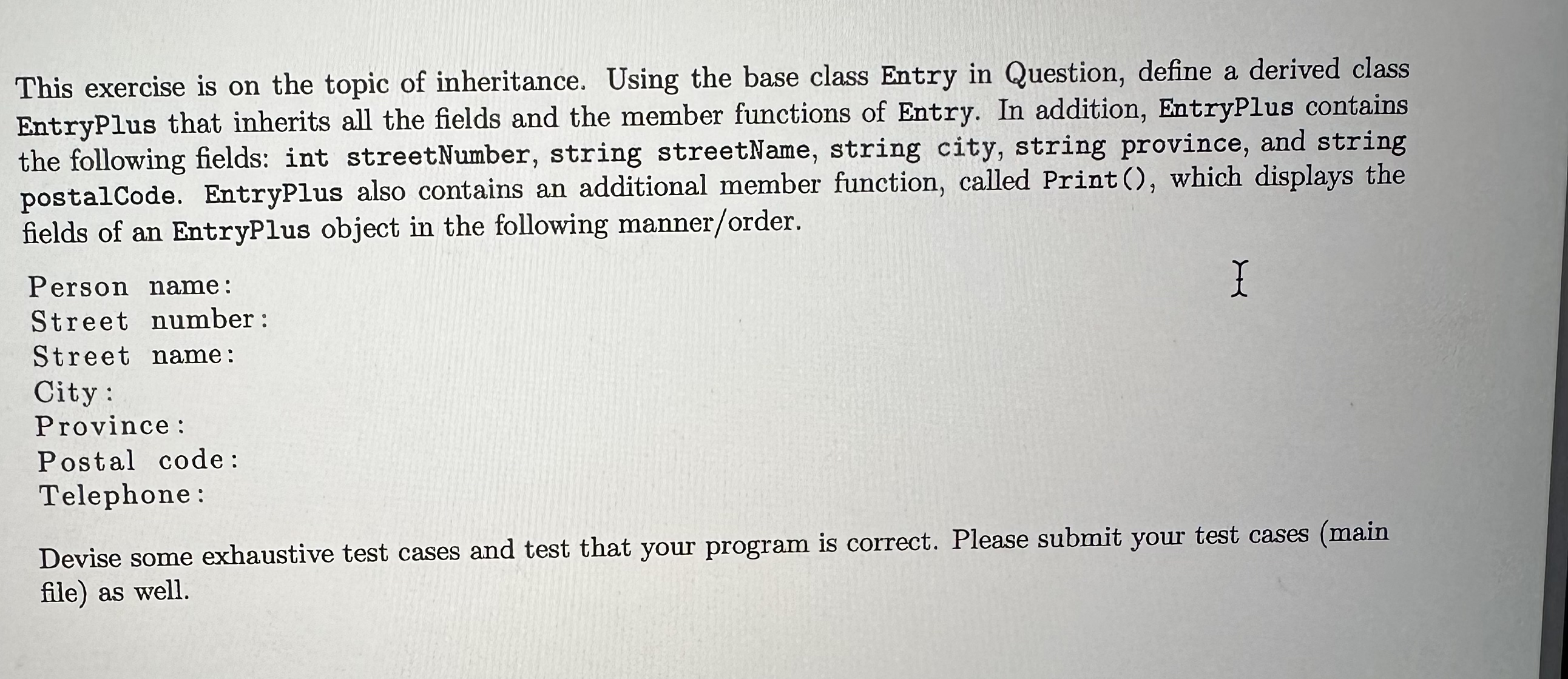 Solved C++:This exercise is on the topic of inheritance. | Chegg.com