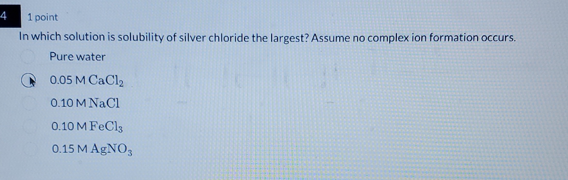 Solved 41 ﻿pointIn which solution is solubility of silver | Chegg.com