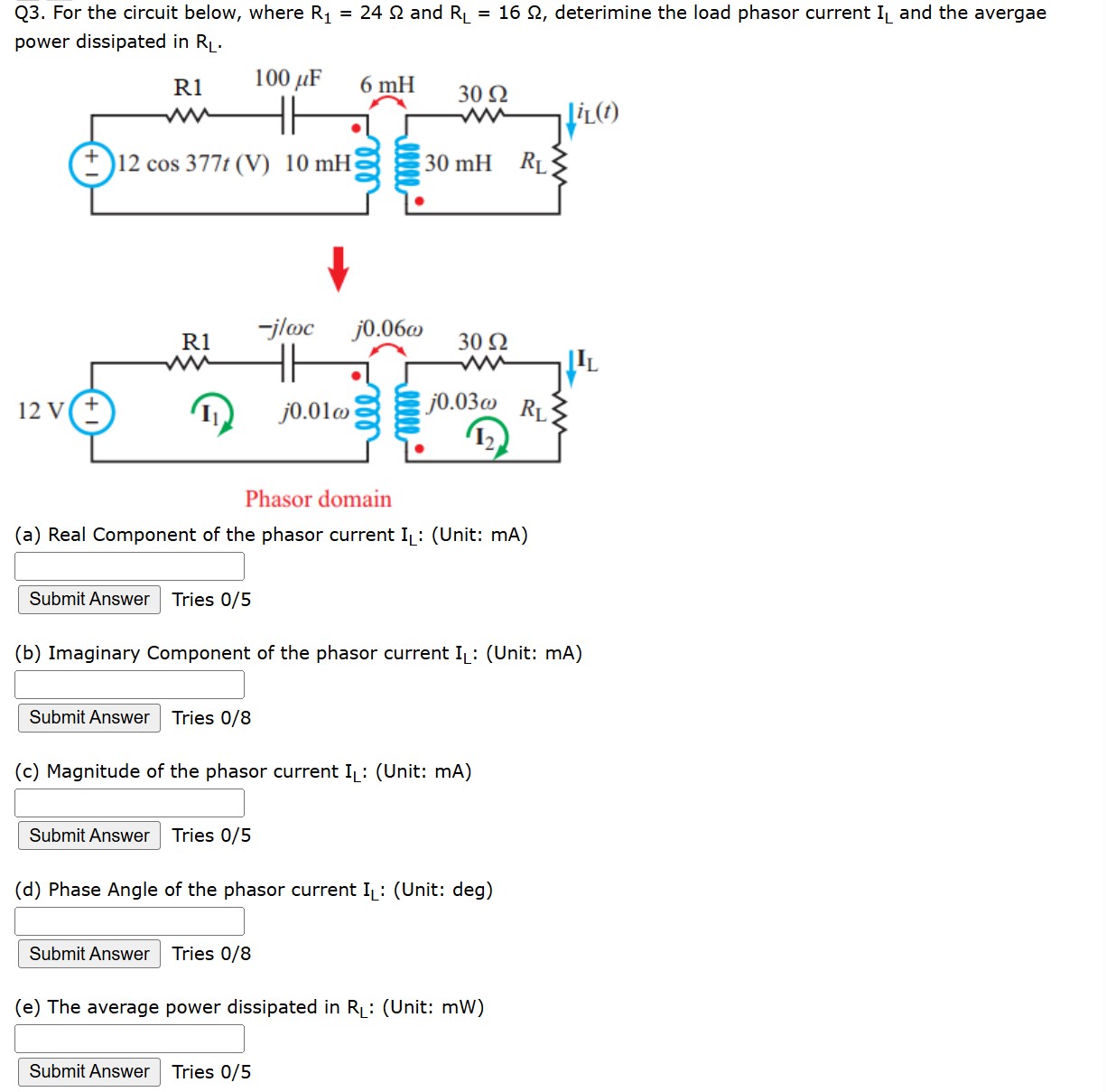 Solved Q3. ﻿For the circuit below, where R1=24Ωand RL=16Ω, | Chegg.com