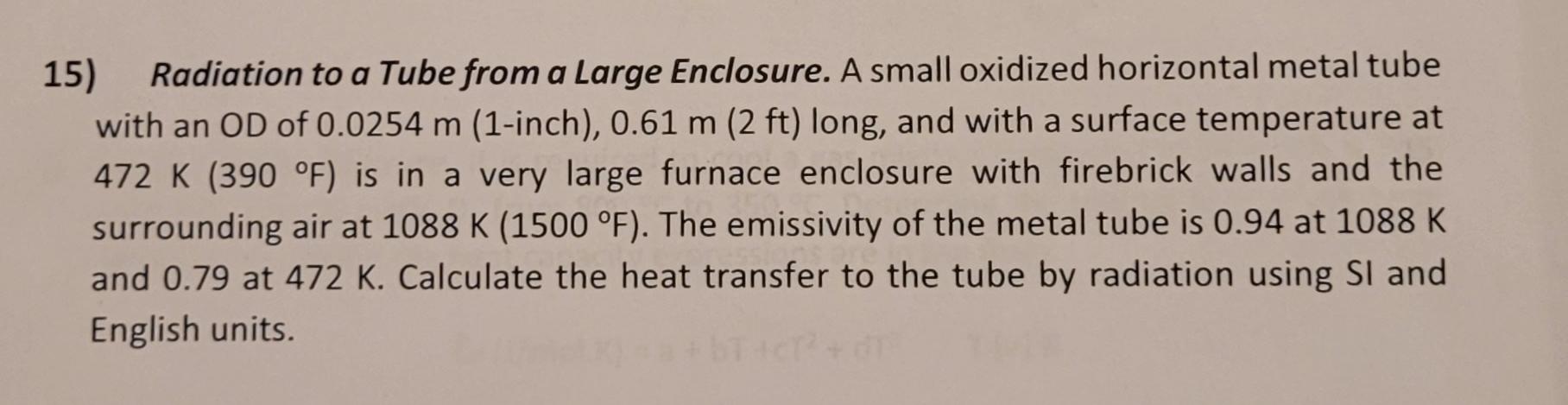 Solved Radiation to a Tube from a Large Enclosure. A small | Chegg.com