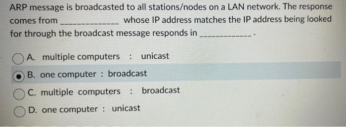Solved ARP message is broadcasted to all stations/nodes on a | Chegg.com