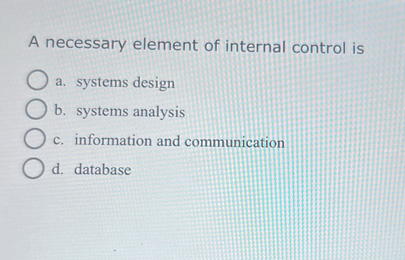 Solved A necessary element of internal control isa. ﻿systems | Chegg.com