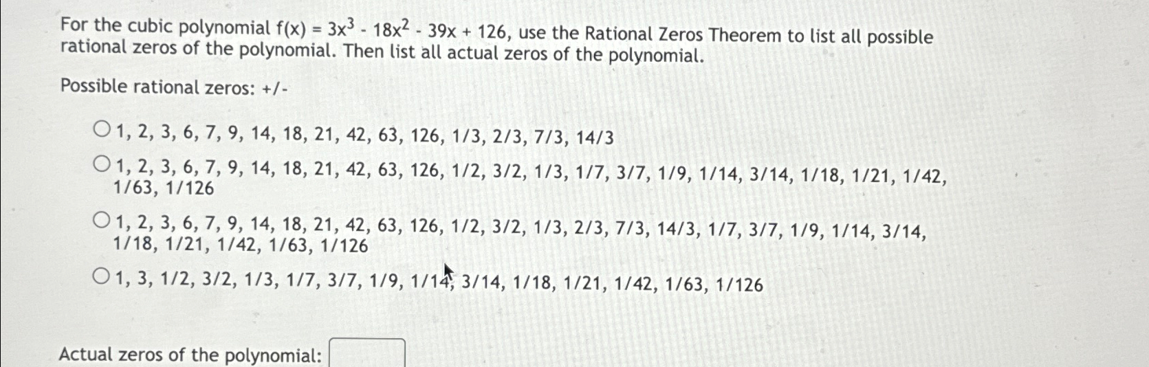 Solved For the cubic polynomial f(x)=3x3-18x2-39x+126, ﻿use | Chegg.com
