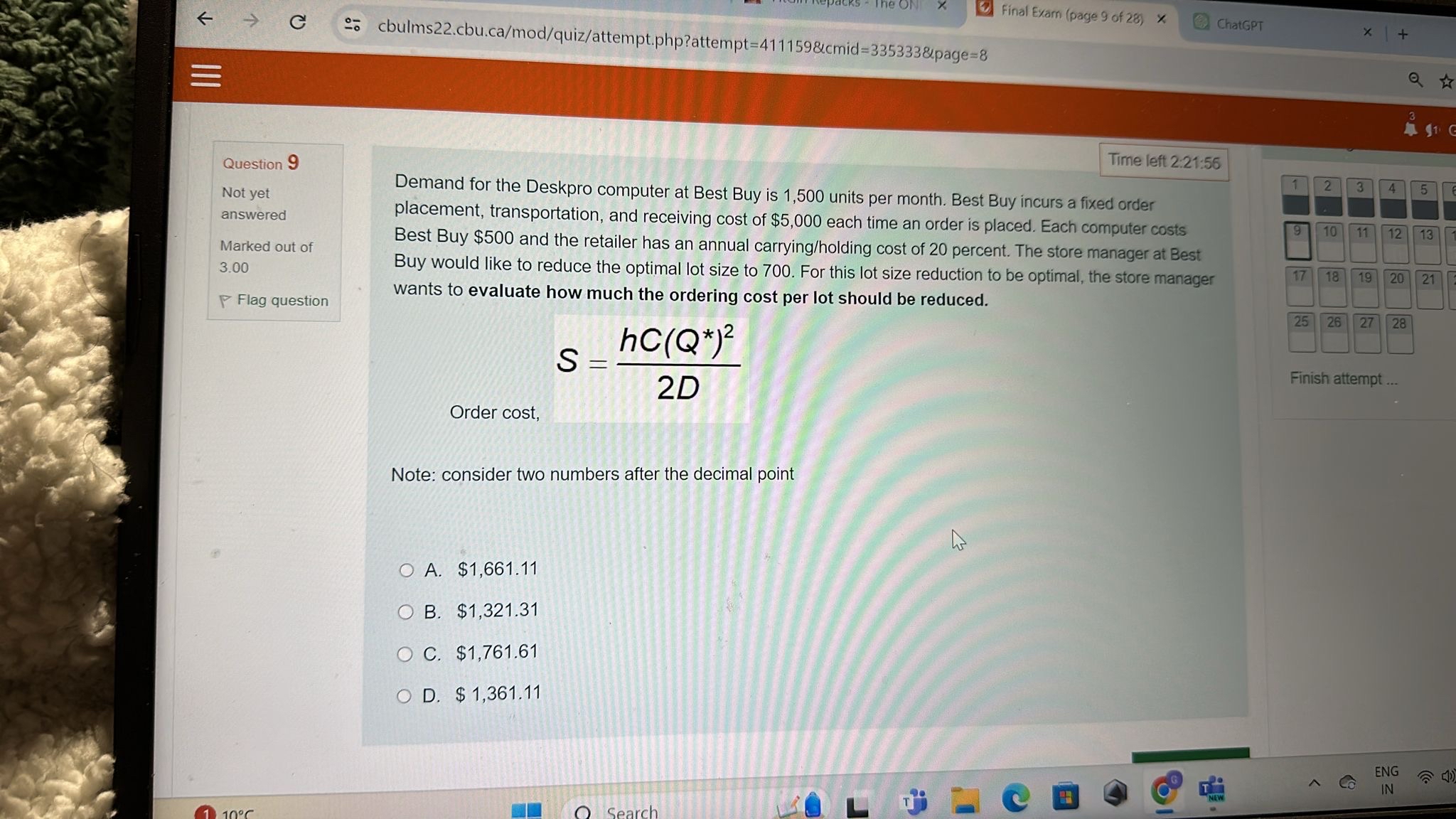Solved Question 9Time left 2:21:56Not yetansweredMarked out | Chegg.com