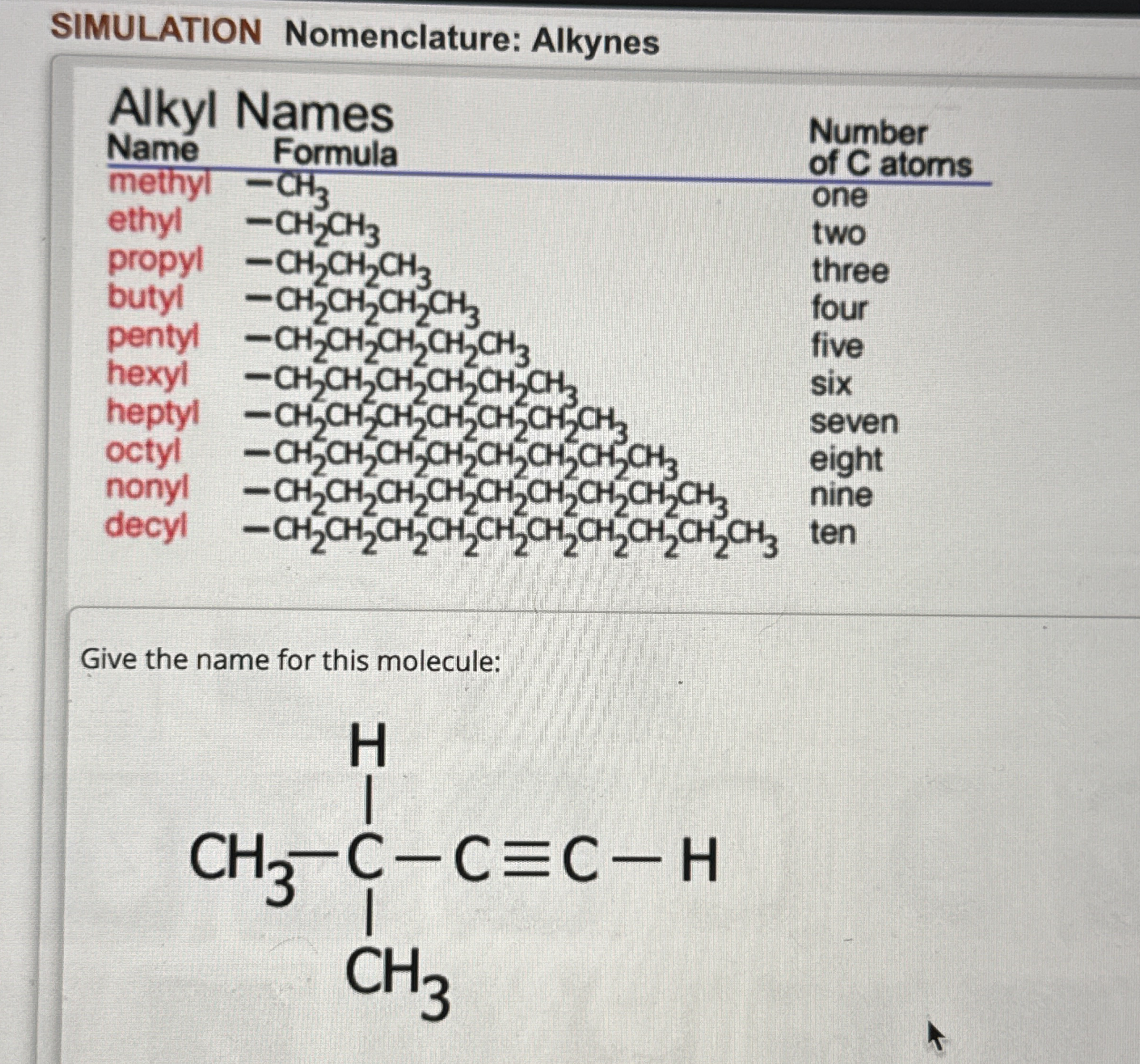 Solved SIMULATION Nomenclature: Alkynes\table[[\table[[Alkyl | Chegg.com