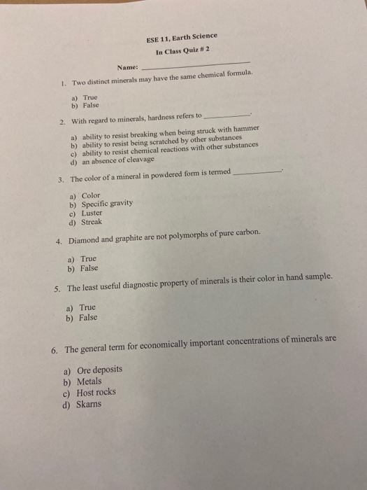 Solved ESE 11, Earth Science In Class Quiz #2 Name: 1. Two | Chegg.com