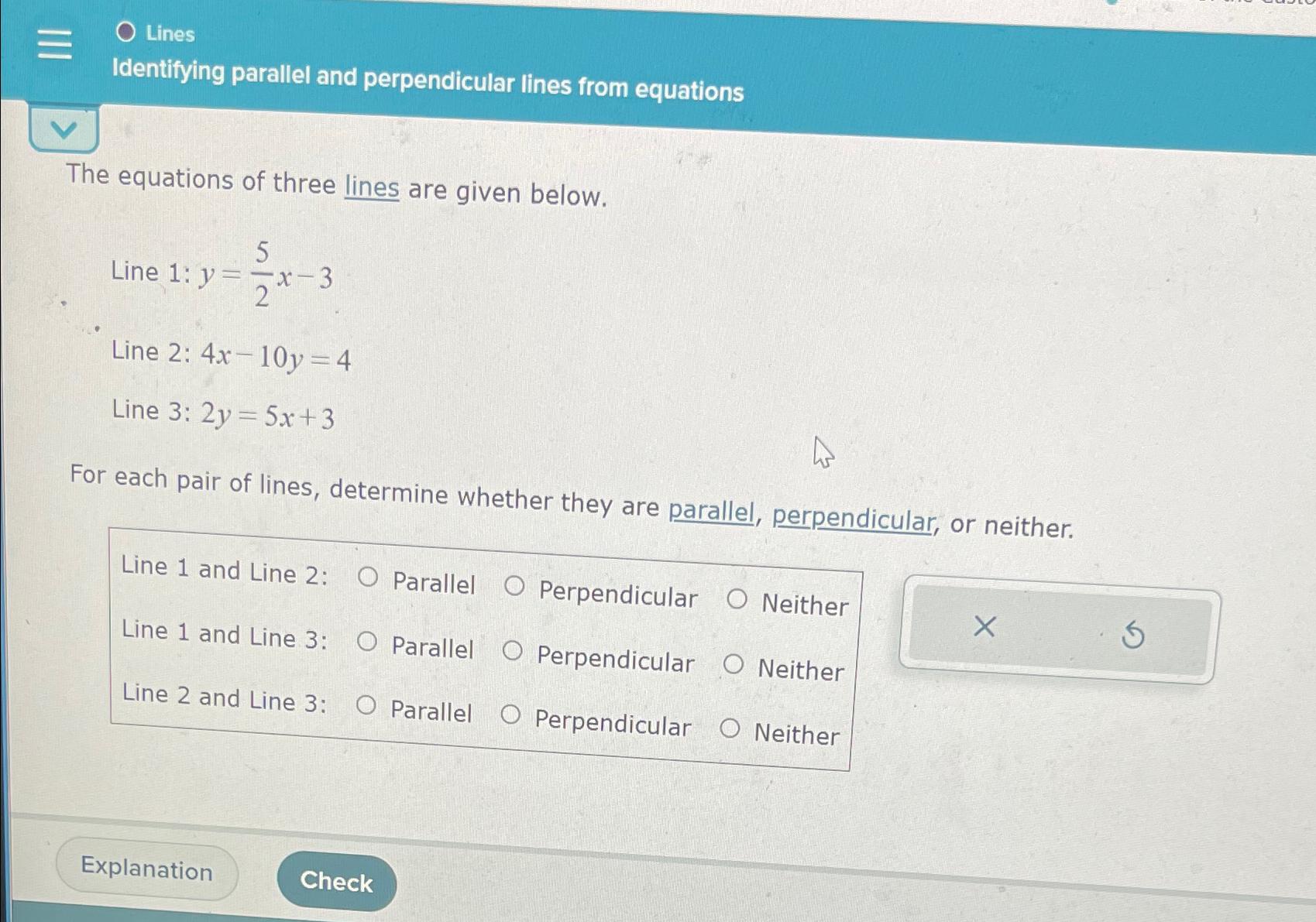 Solved LinesIdentifying parallel and perpendicular lines | Chegg.com