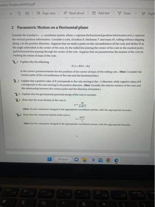 Solved 2 Parametric Motion on a Horizontal plane Consider | Chegg.com