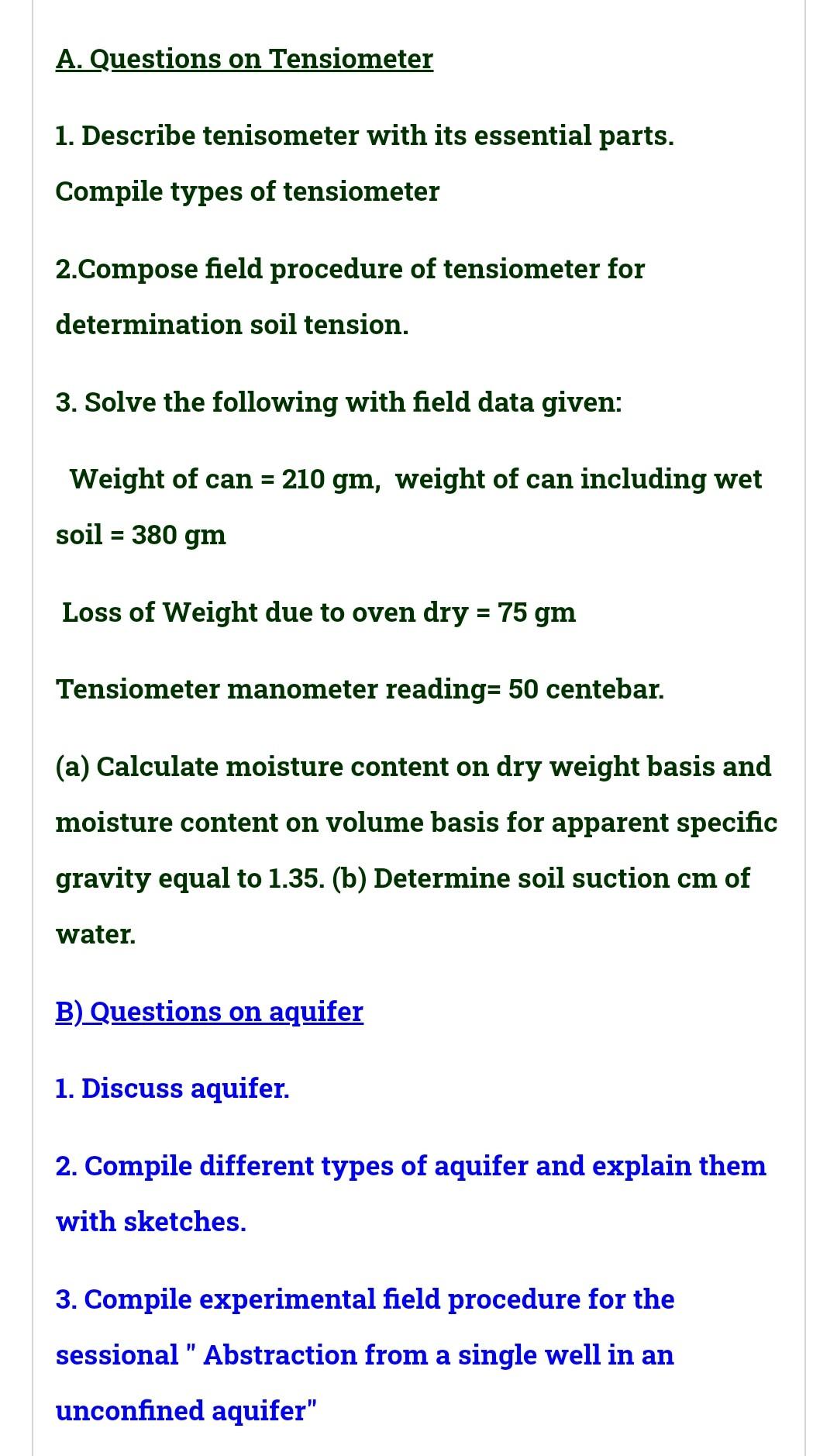 Solved A. Questions on Tensiometer 1. Describe tenisometer | Chegg.com