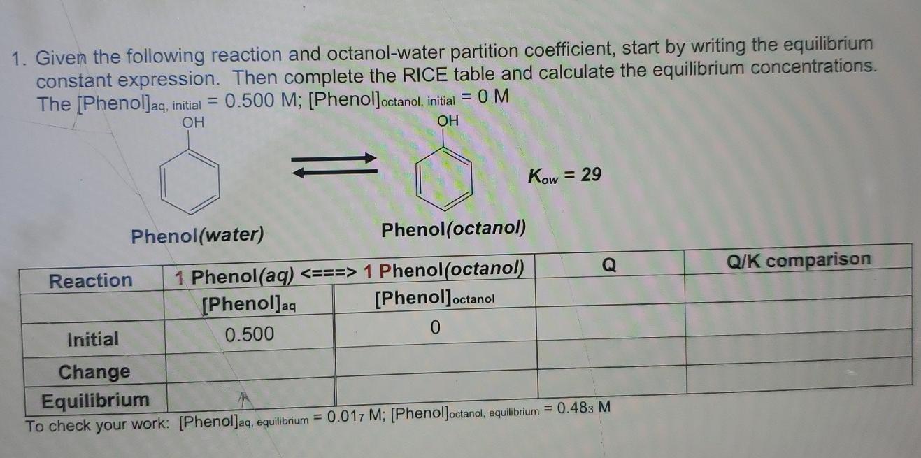 Solved 1. Given the following reaction and octanol-water | Chegg.com