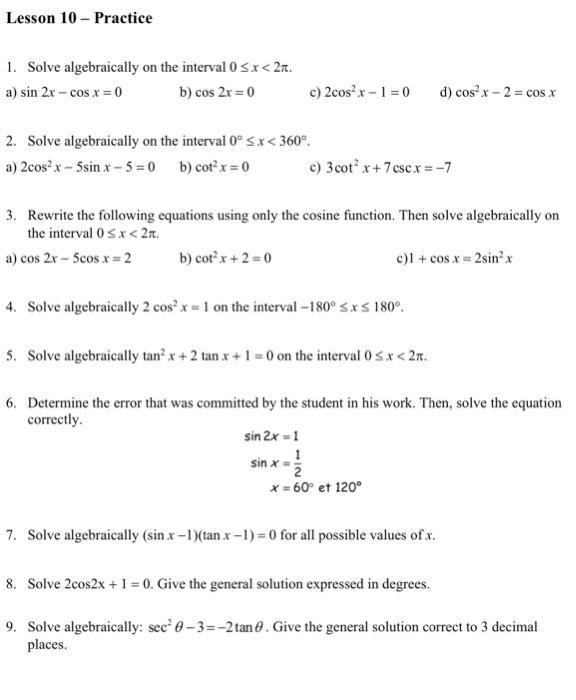 Solved Lesson 10 Practice 1. Solve algebraically on the | Chegg.com
