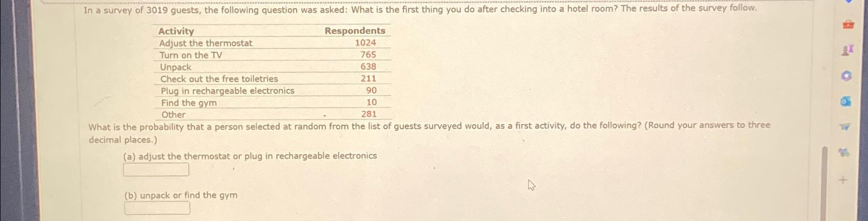 Solved In a survey of 3019 ﻿guests, the following question | Chegg.com