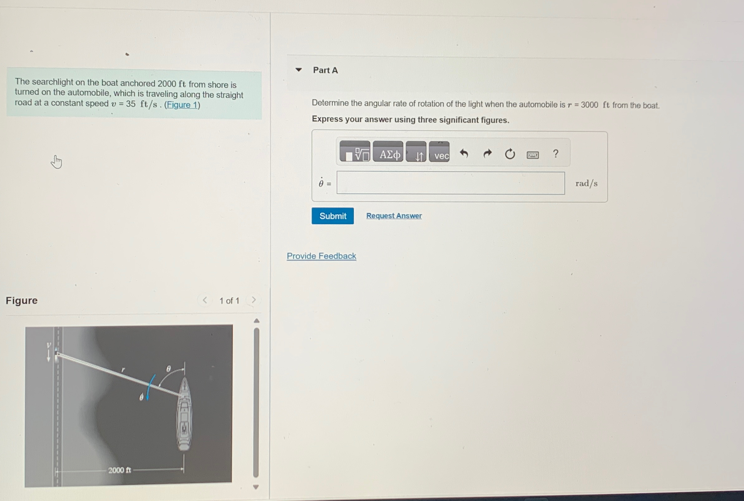 Solved The searchlight on the boat anchored 2000ft ﻿from | Chegg.com