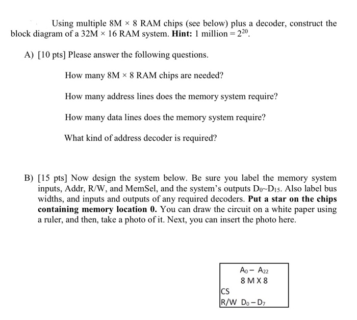 Solved Using multiple 8M 8 RAM chips (see below) plus a | Chegg.com
