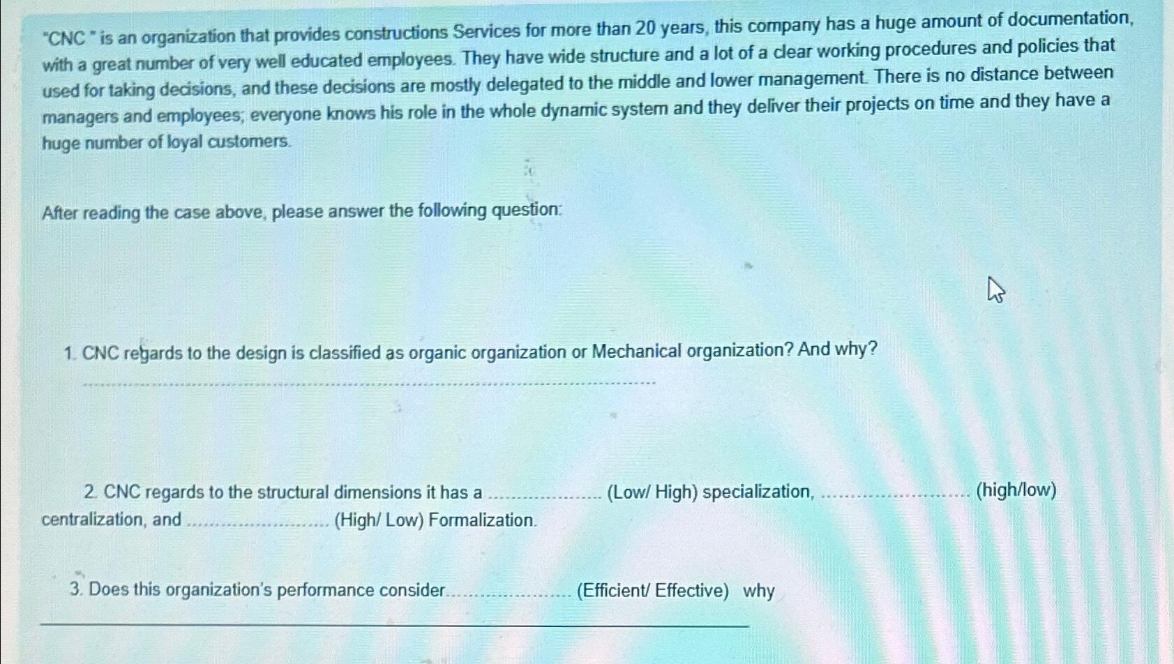 Solved "CNC" ﻿is an organization that provides constructions | Chegg.com