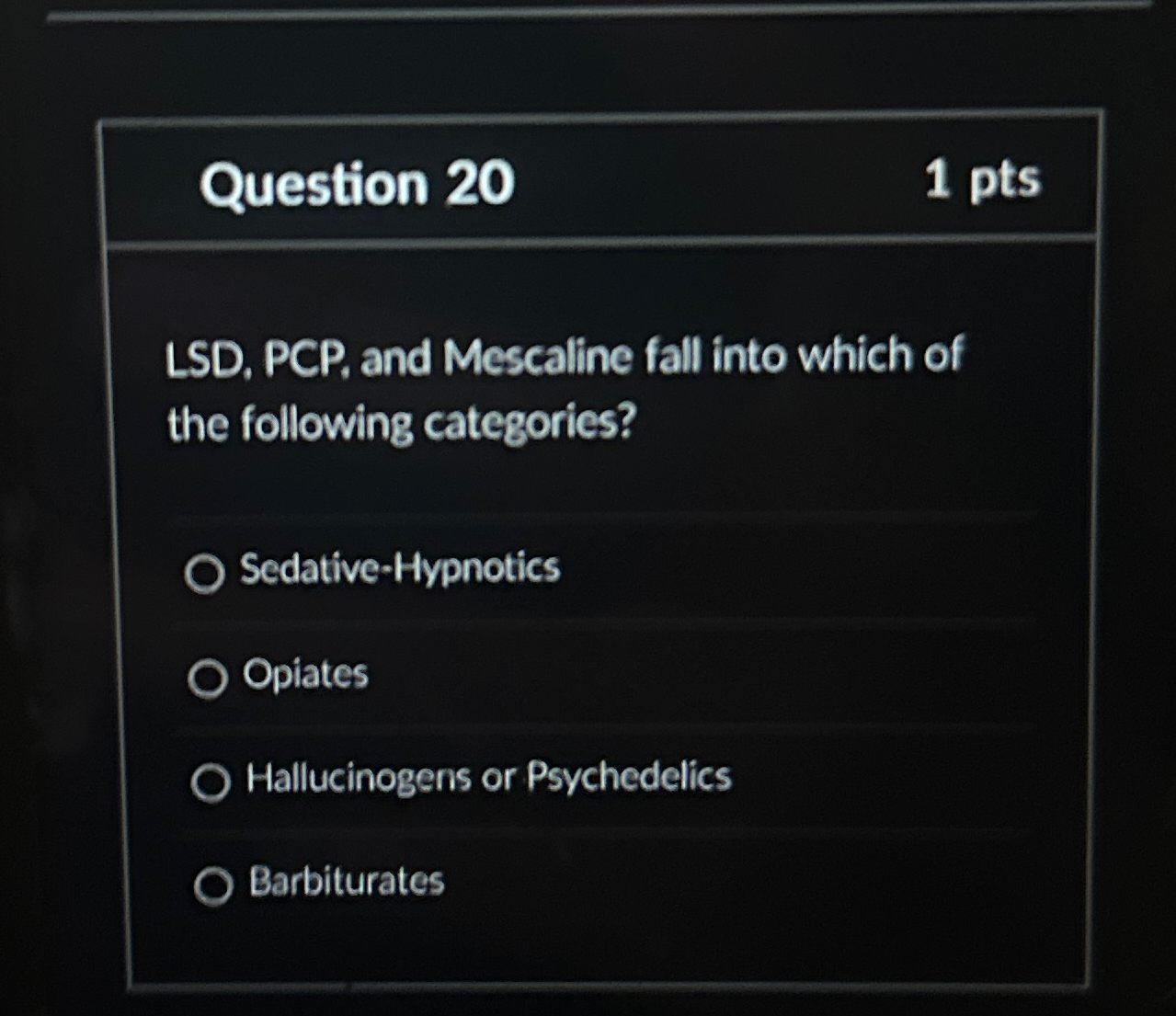 Solved Question 201 ﻿ptsLSD, ﻿PCP, ﻿and Mescaline fall into | Chegg.com