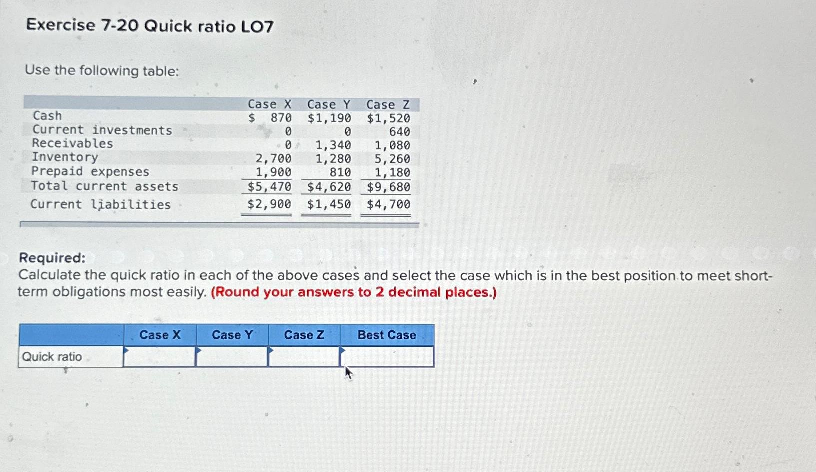 Solved Exercise 7-20 ﻿Quick ratio LO7Use the following | Chegg.com