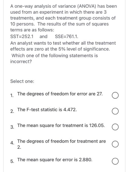 Solved A one-way analysis of variance (ANOVA) has been used | Chegg.com