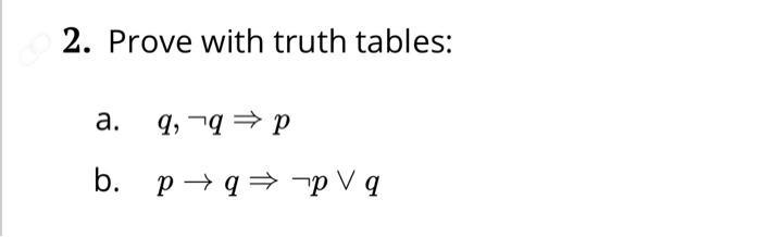 Solved 2. Prove with truth tables: a. 9,-9 p b. p + q* p Va | Chegg.com
