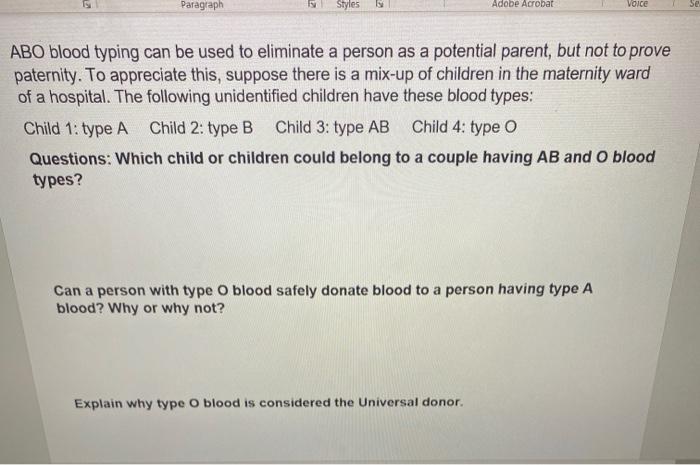 Solved Paragraph Styles Adobe Acrobat Voice ABO blood typing | Chegg.com