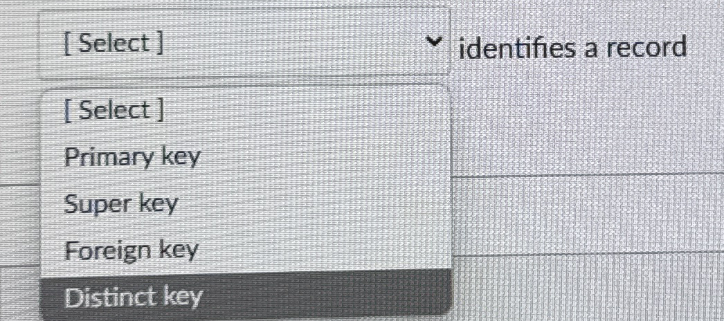 Solved [Select] ﻿identifies a record[Select]Primary keySuper | Chegg.com
