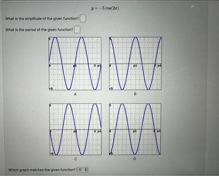 Solved y=−5cos(2x) What is the amplitude of the given | Chegg.com