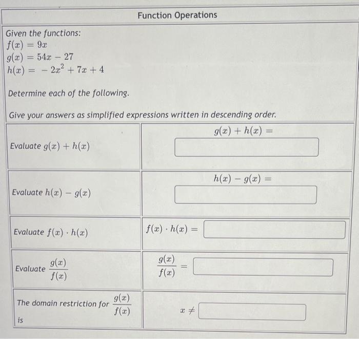 Solved Given the functions: f(x)=9xg(x)=54x−27h(x)=−2x2+7x+4 | Chegg.com