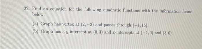 Solved 32. Find an equation for the following quadratic | Chegg.com