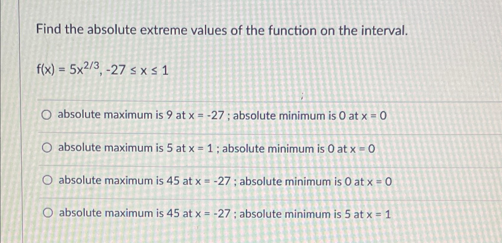 Solved Find the absolute extreme values of the function on | Chegg.com