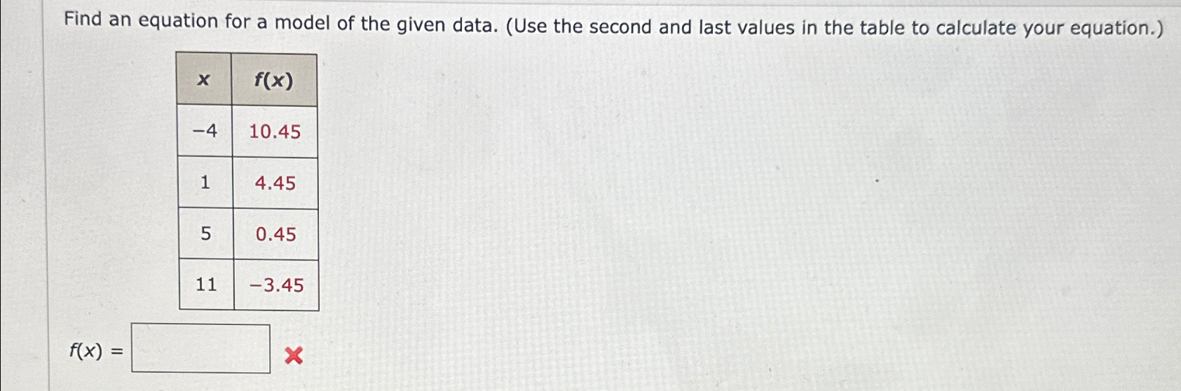 Solved Find an equation for a model of the given data. (Use | Chegg.com