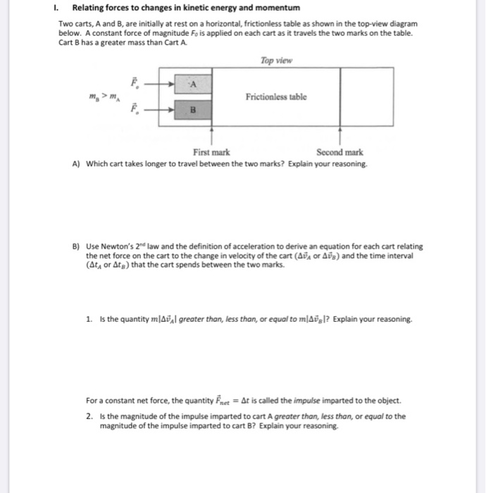 Solved I. Relating forces to changes in kinetic energy and | Chegg.com