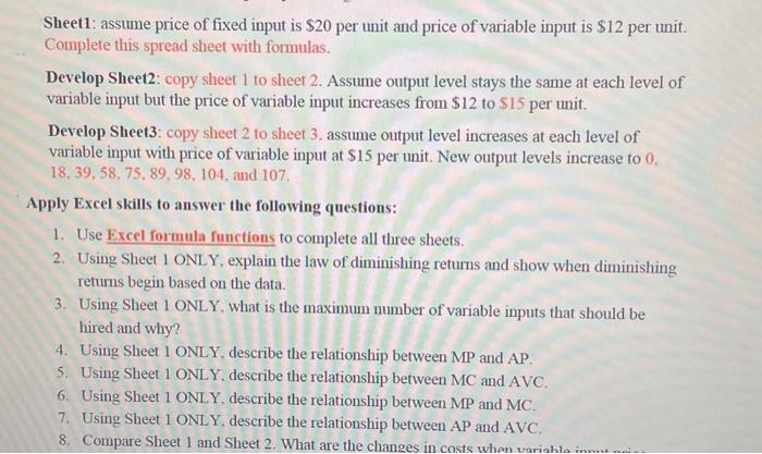 Solved Sheet1: assume price of fixed input is $20 per unit | Chegg.com