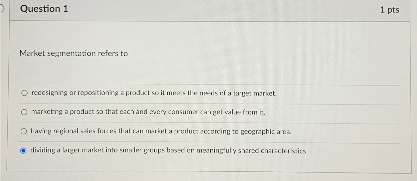 Solved Question 11 ﻿ptsMarket segmentation refers | Chegg.com