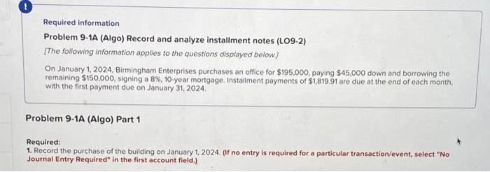 Solved Required information Problem 9-1A (Algo) Record and | Chegg.com