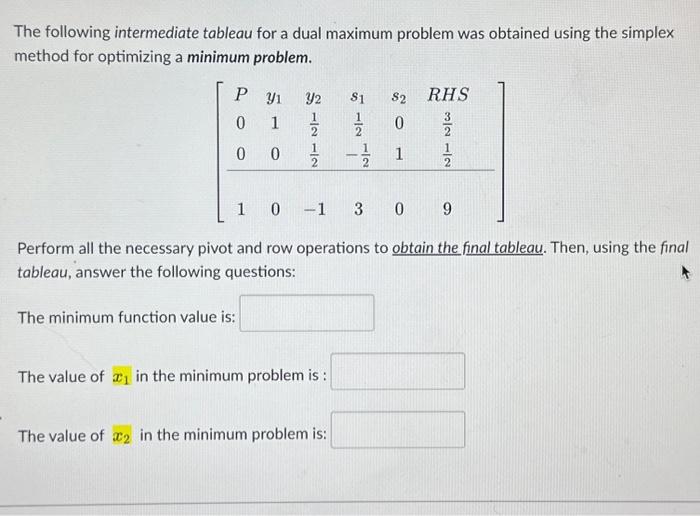 Solved The following intermediate tableau for a dual maximum | Chegg.com