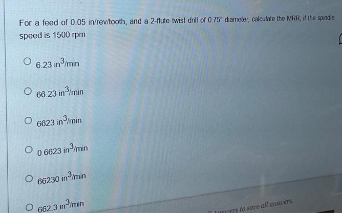 Solved For a feed of 0.05 in/rev/tooth, and a 2-flute twist | Chegg.com