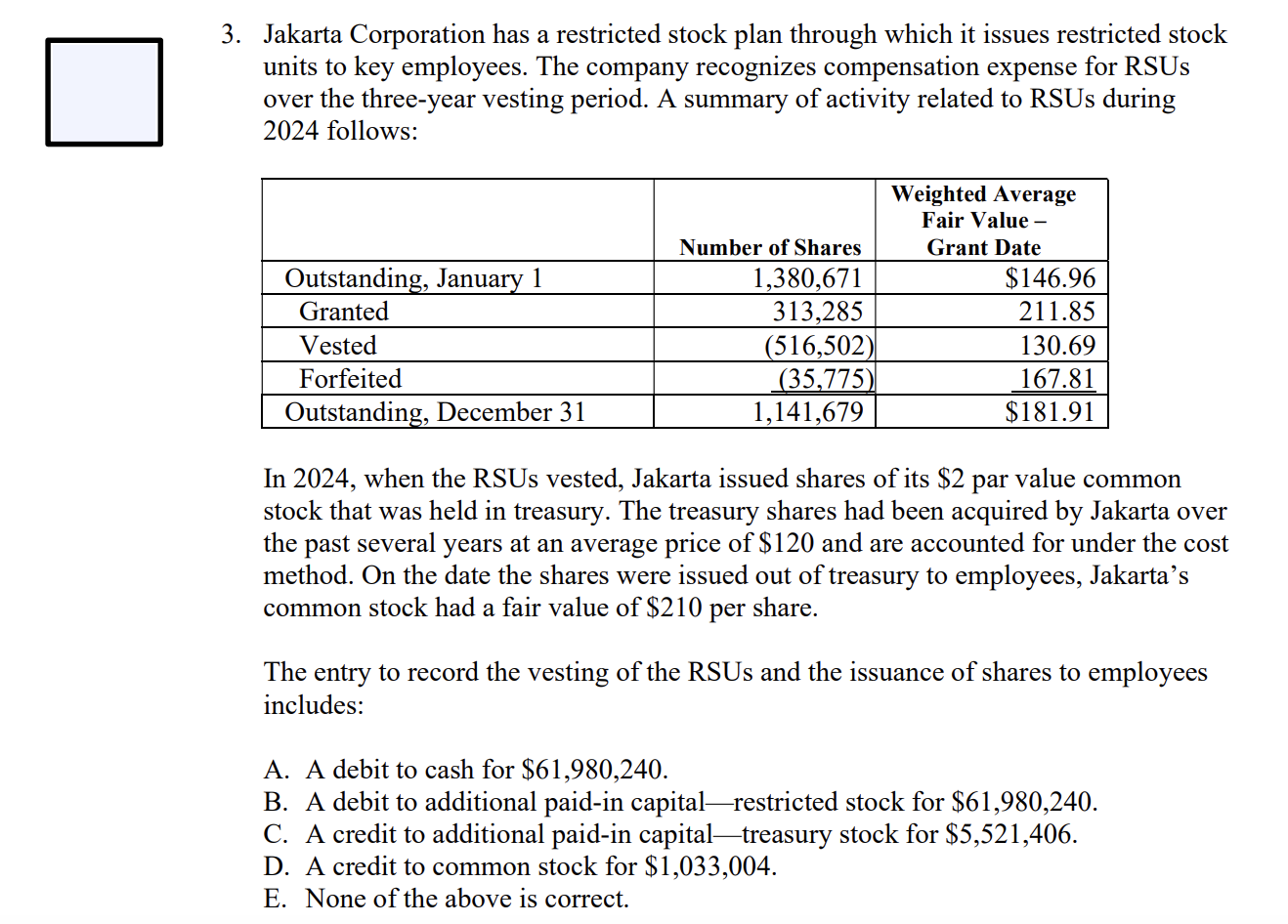 Solved Jakarta Corporation has a restricted stock plan | Chegg.com