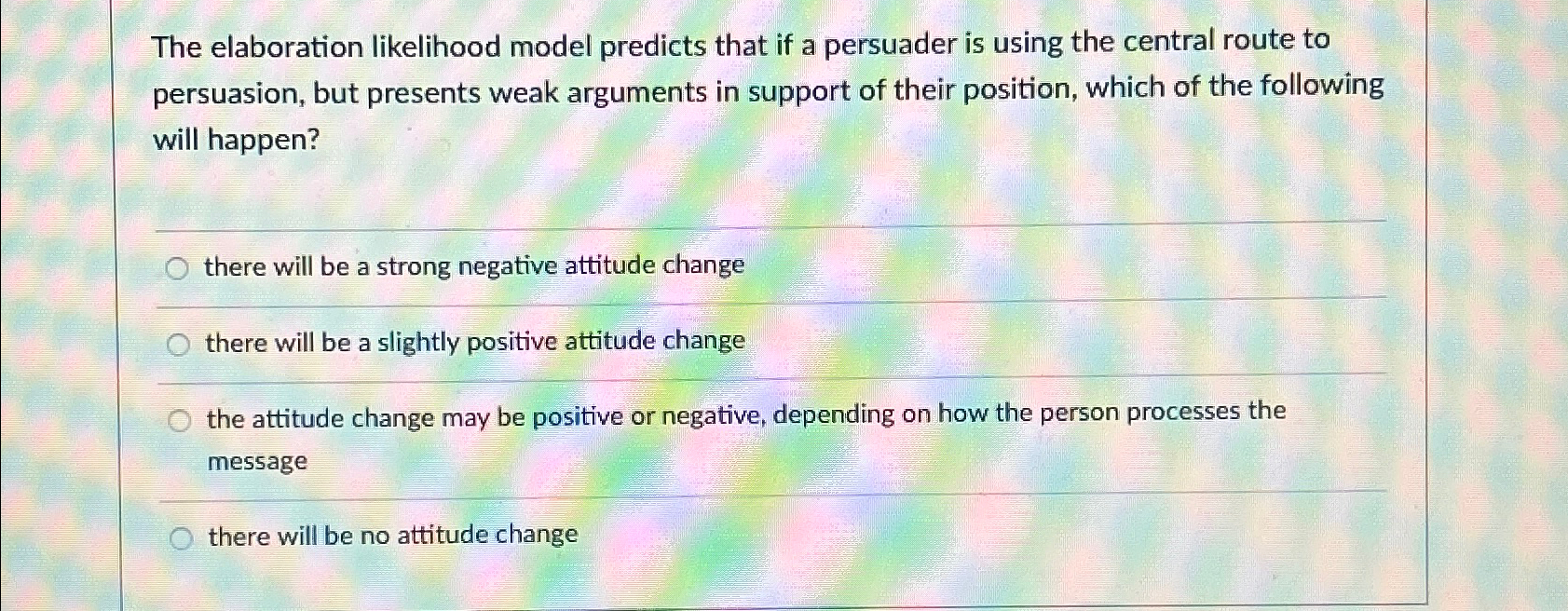 Solved The elaboration likelihood model predicts that if a | Chegg.com