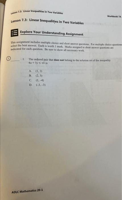 Solved Workbook 7A Lesson 7.3: Linear Inequalities in Two | Chegg.com
