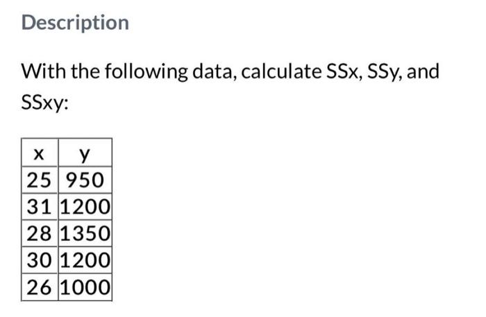 Solved With the following data, calculate SSx, SSy, and | Chegg.com