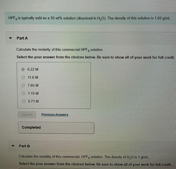 Solved HPF6 is typically sold as a 55 wt% solution | Chegg.com