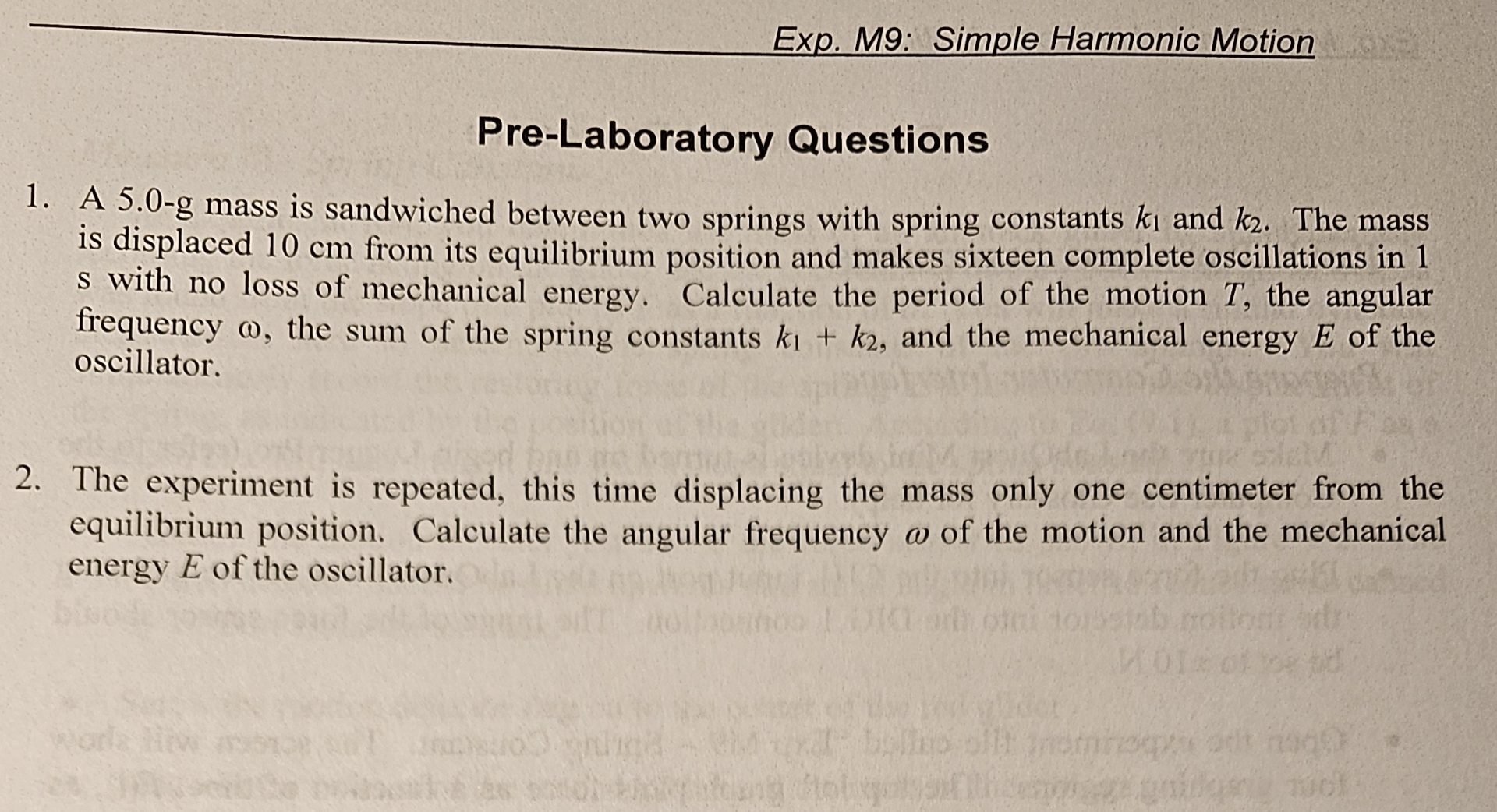 Solved Exp. M9: Simple Harmonic MotionPre-Laboratory | Chegg.com