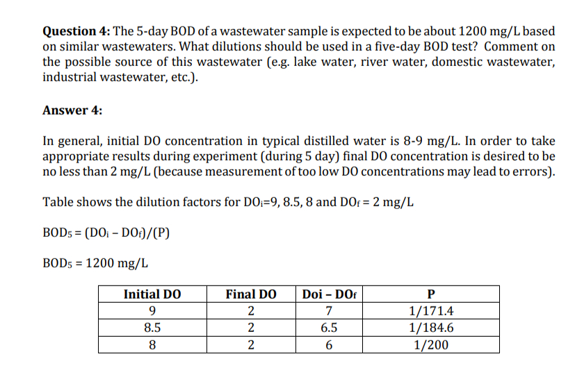Solved Question 4: The 5-day BOD of a wastewater sample is | Chegg.com