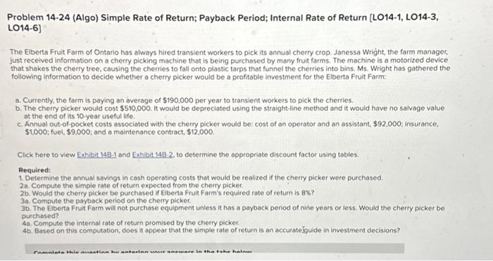 Solved Problem 14-24 (Algo) Simple Rate of Return; Payback | Chegg.com