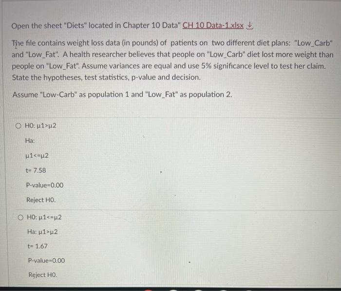 Solved Open the sheet "Diets" located in Chapter 10 Data" | Chegg.com