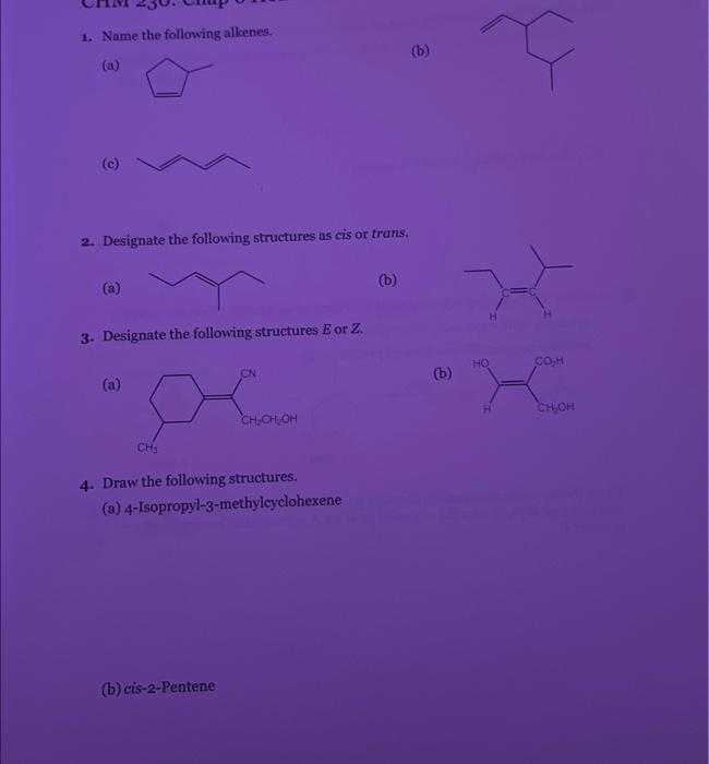 Solved 1. Name the following alkenes. (a) (b) (c) 2. | Chegg.com