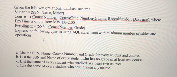 Given the following relational database schema: | Chegg.com